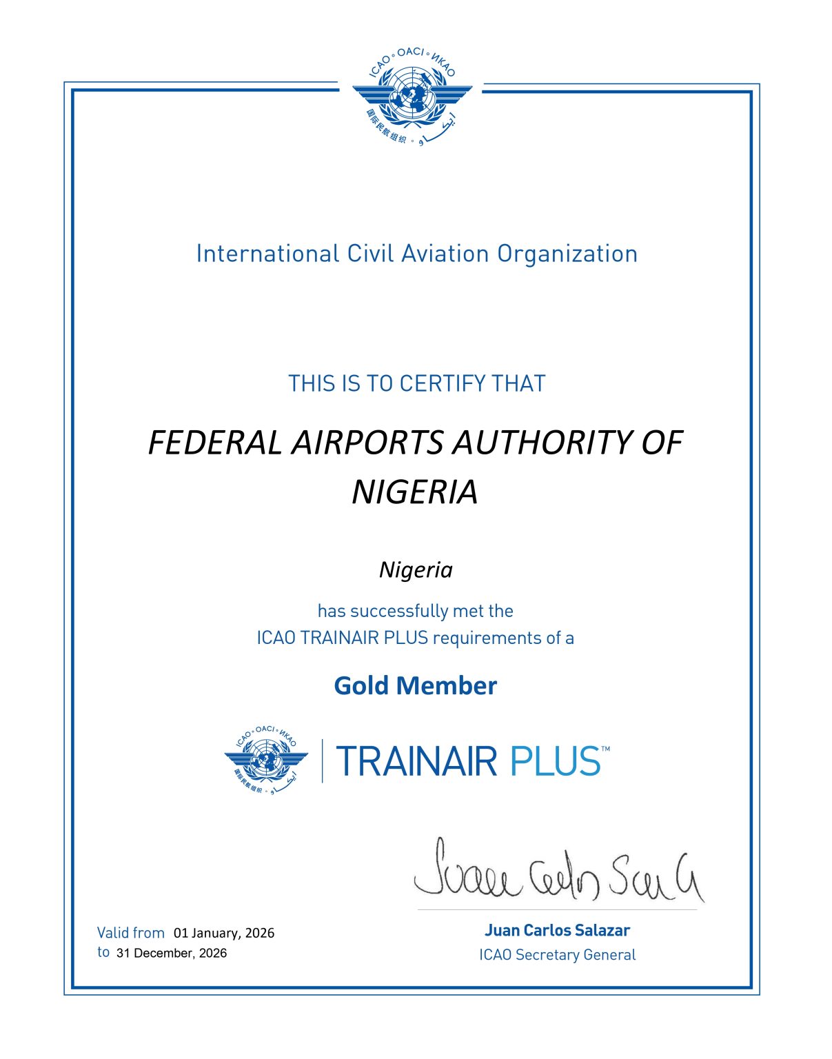 FAAN RECIEVES ICAO TRAINAIR PLUS GOLD MEMBERSHIP - FAAN